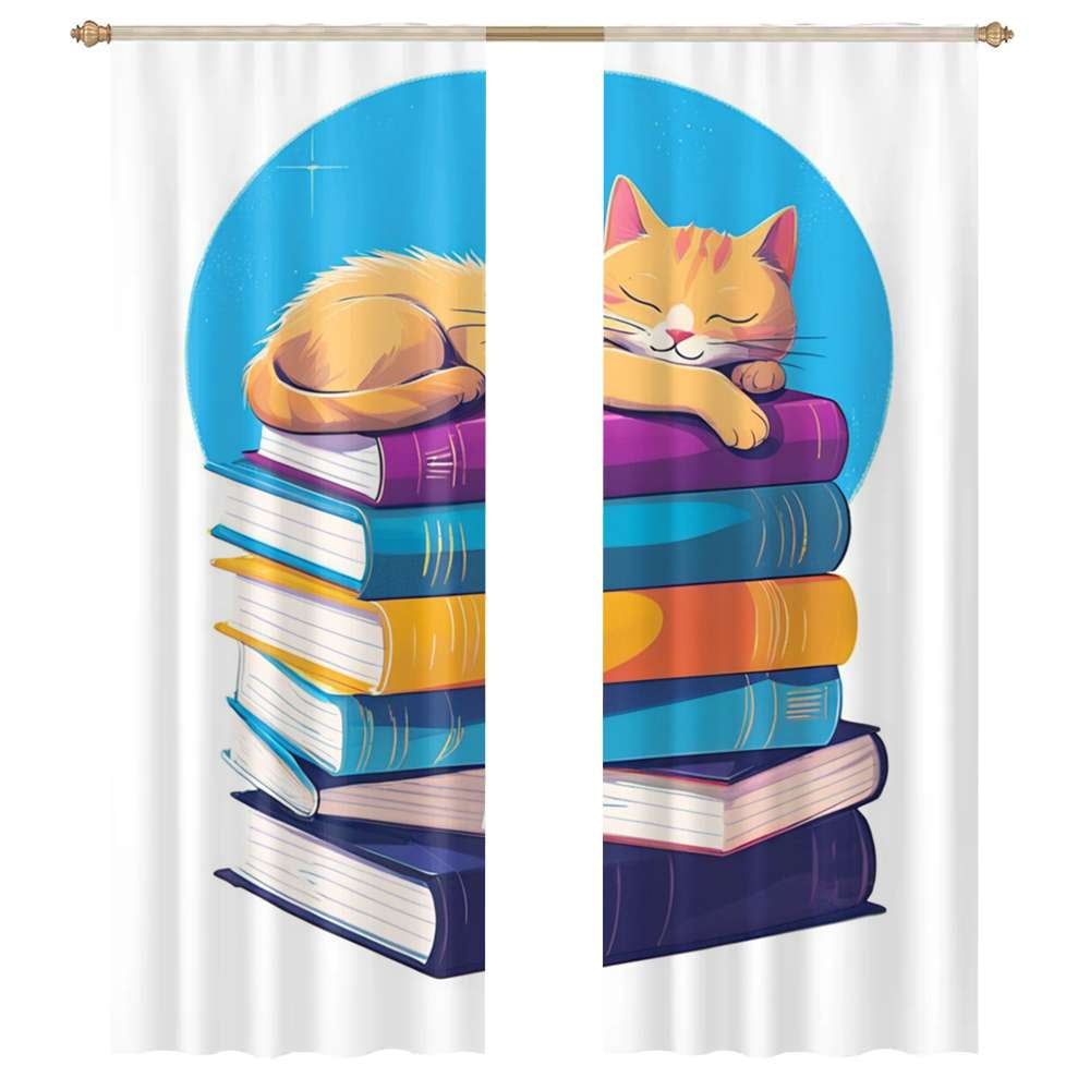 Cute Cat Sleeping On Books Modern Tulle Window Curtains for Living Room ...