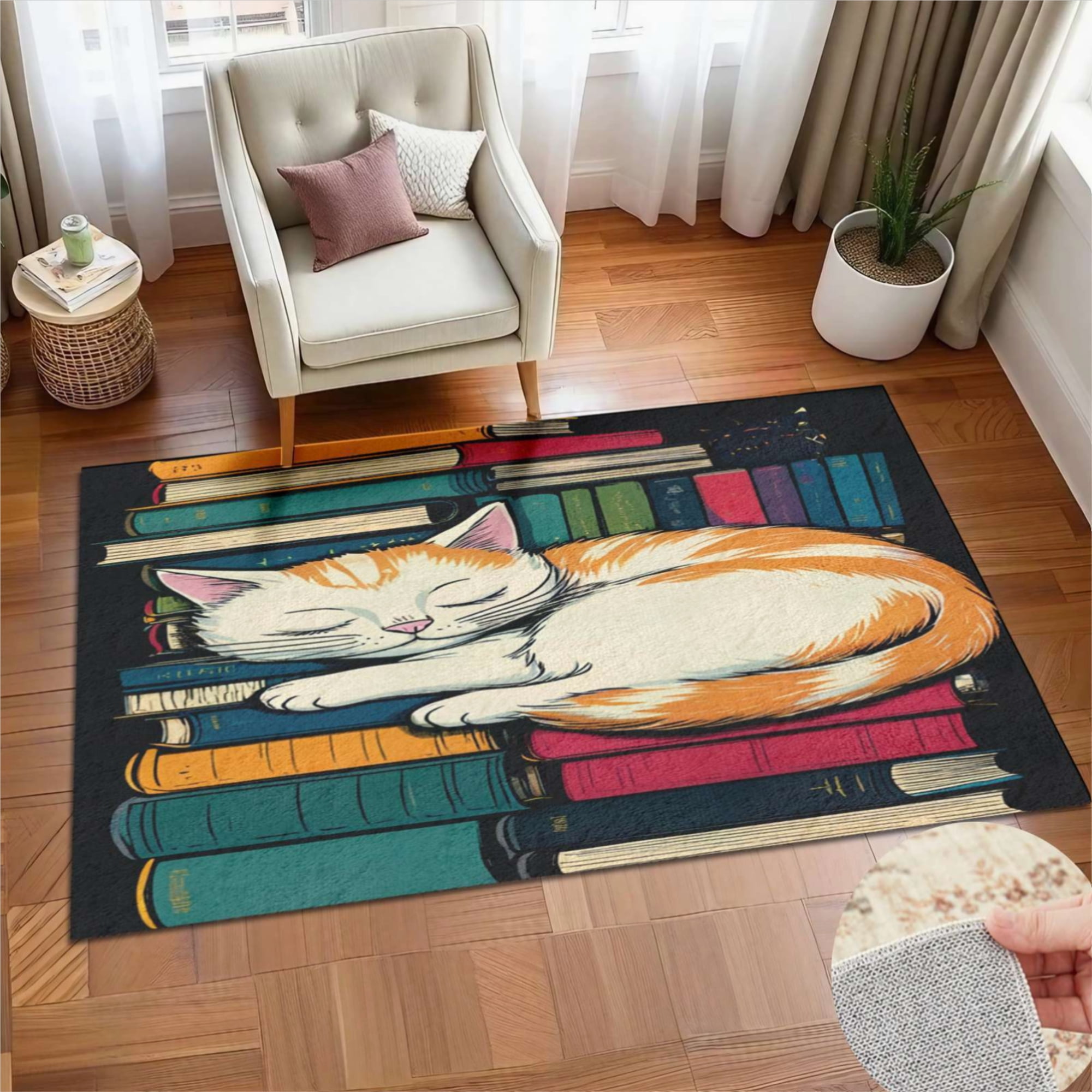 Cute Cat Sleeping On Books Soft Large Area Rugs Washable Rug With Non ...