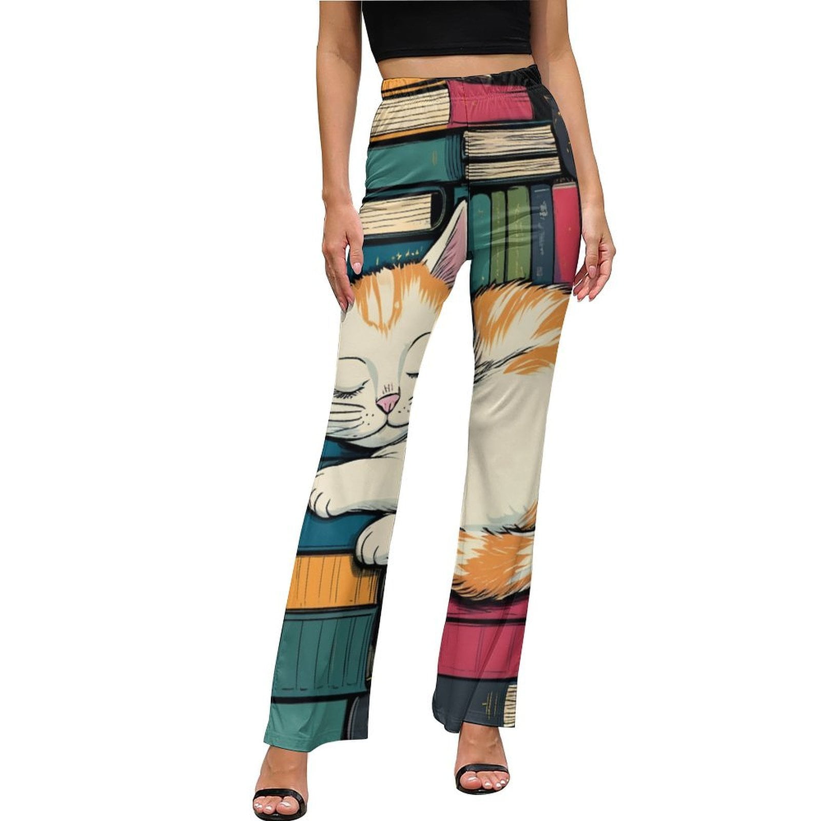 Cute Cat Sleeping on Books High Waisted Casual Flared Trousers Summer ...