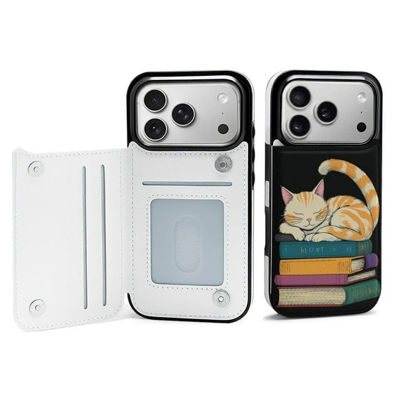 Cute Cat Sleeping on Books Leather Wallet Case for iPhone 14 Pro Max ...