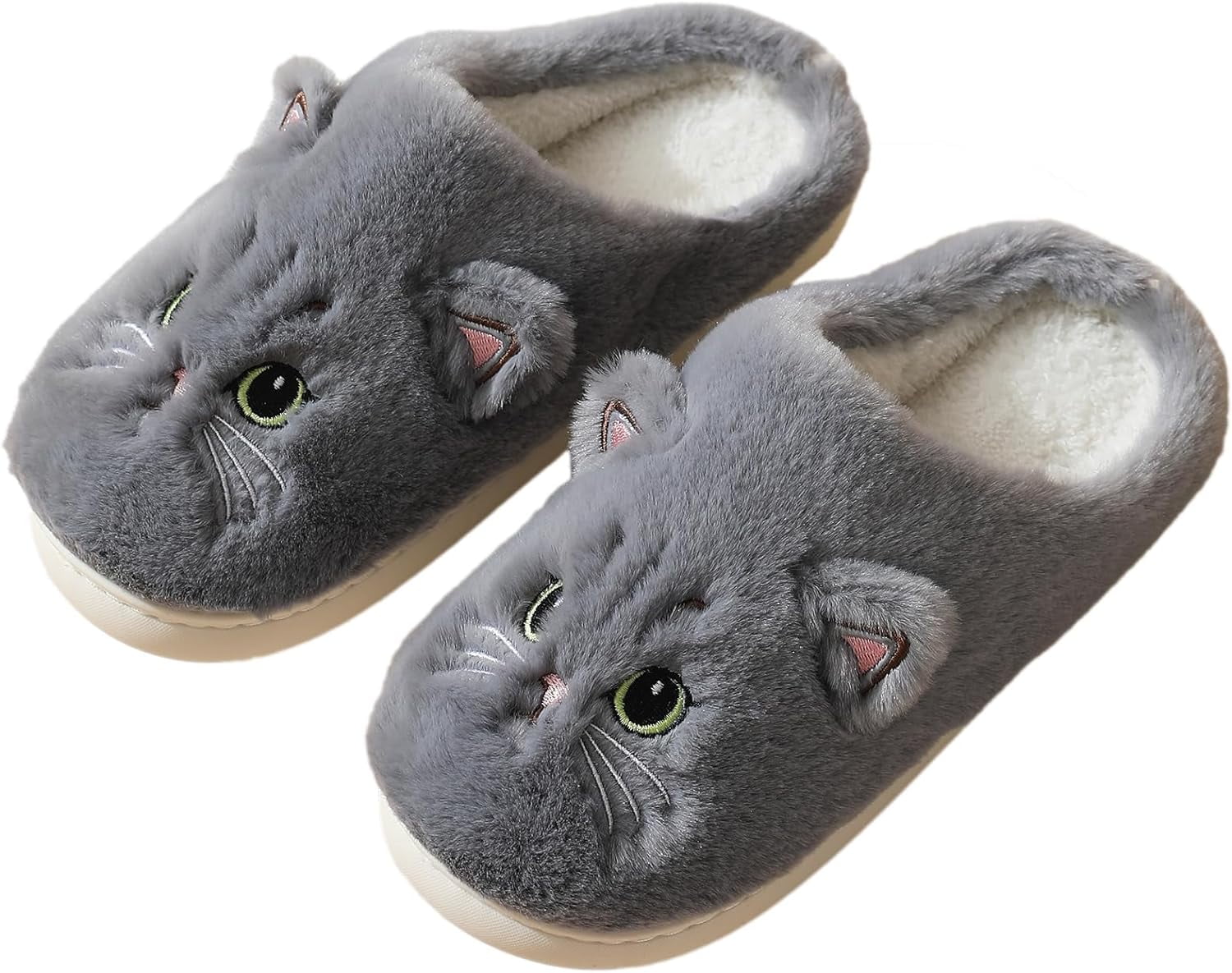 Cute Cat Slippers for Women, Fuzzy Fluffy Faux Fur Animal House Slides ...