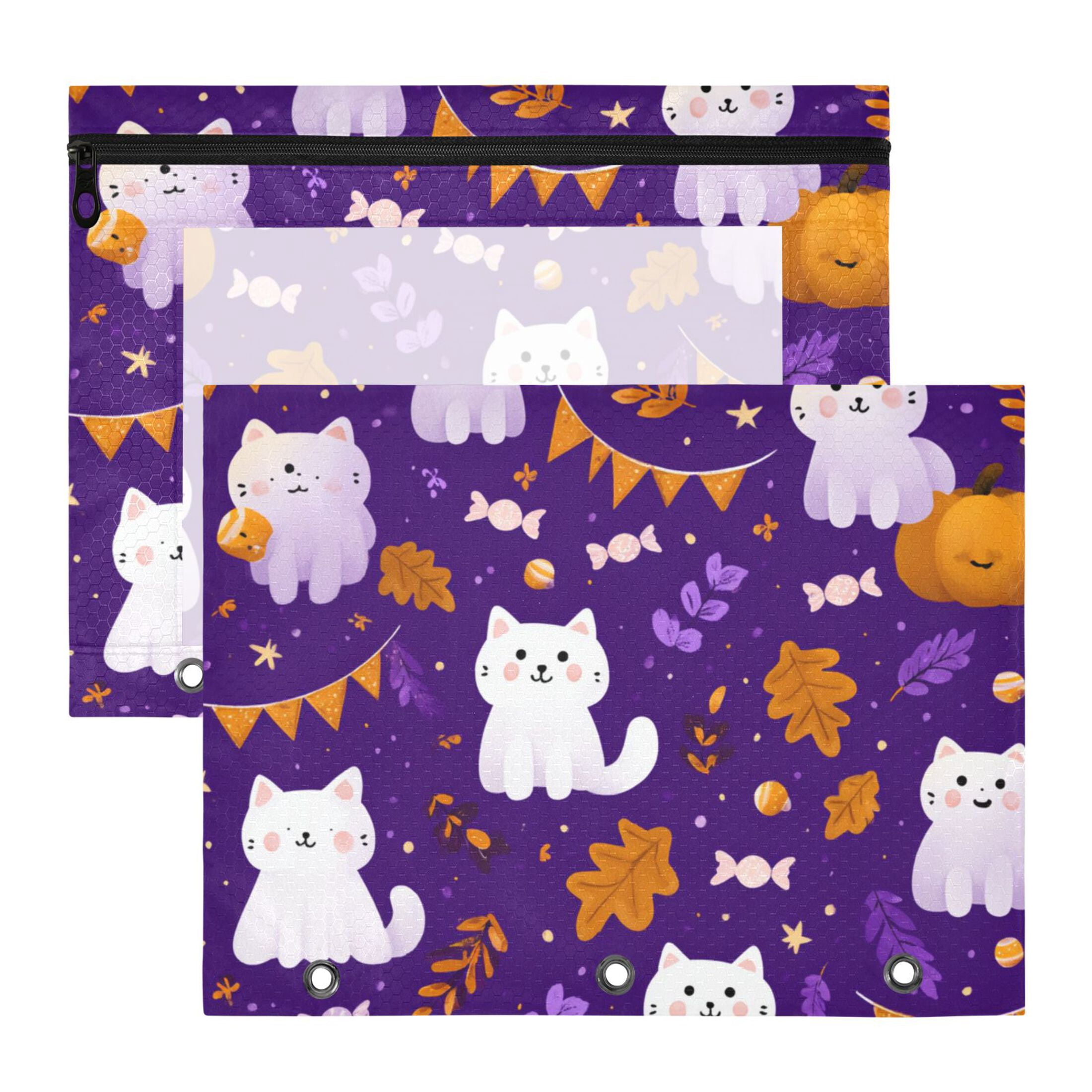 Cute Cat Specter Leaves Pumpkins Candy Halloween 3-Ring Binder Pocket ...