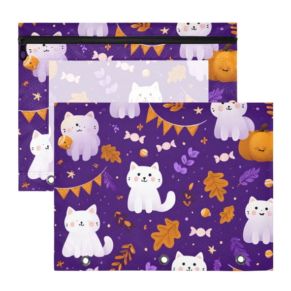 Cute Cat Specter Leaves Pumpkins Candy Halloween 3-Ring Binder Pocket ...
