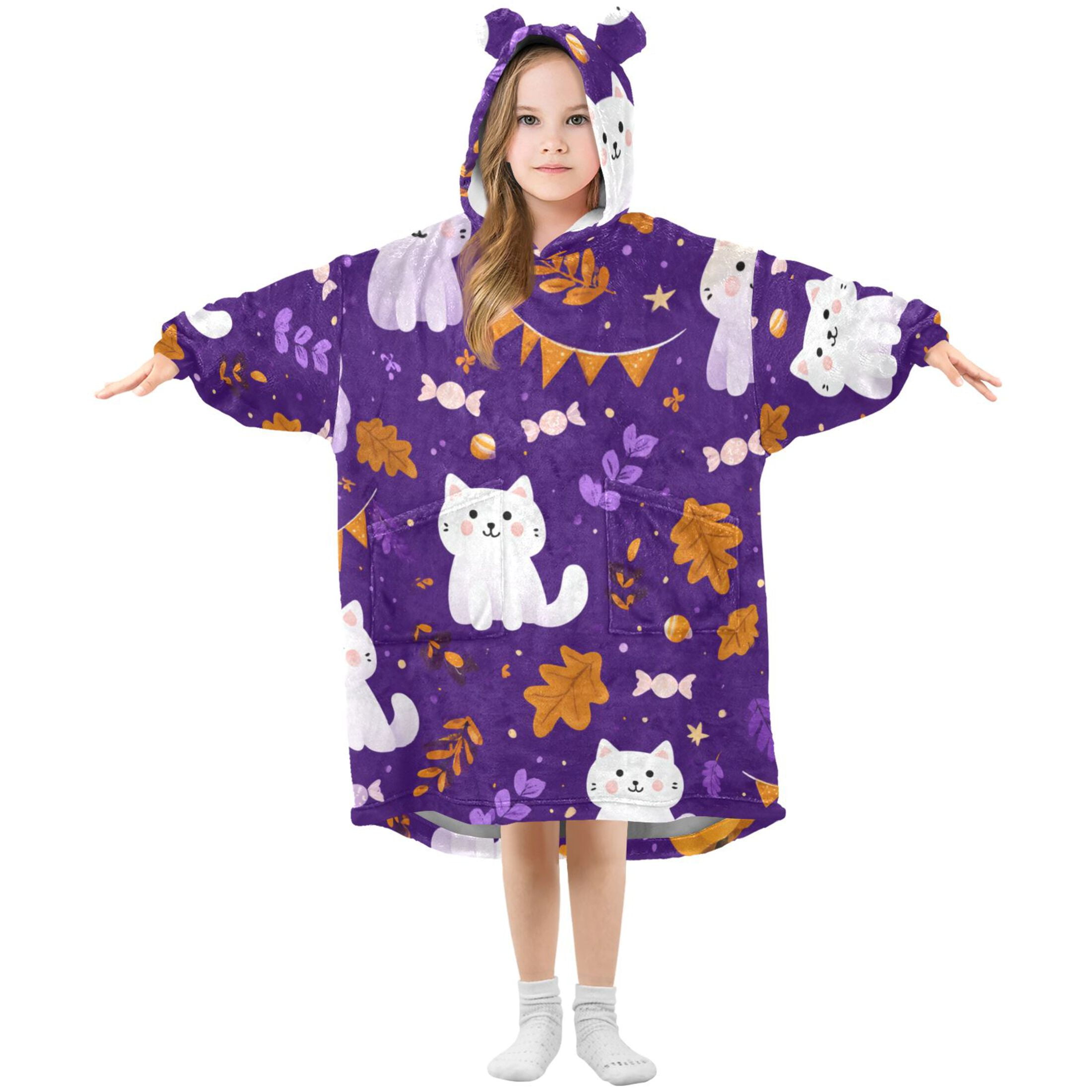 Cute Cat Specter Leaves Pumpkins Candy Halloween Flannel Wearable ...