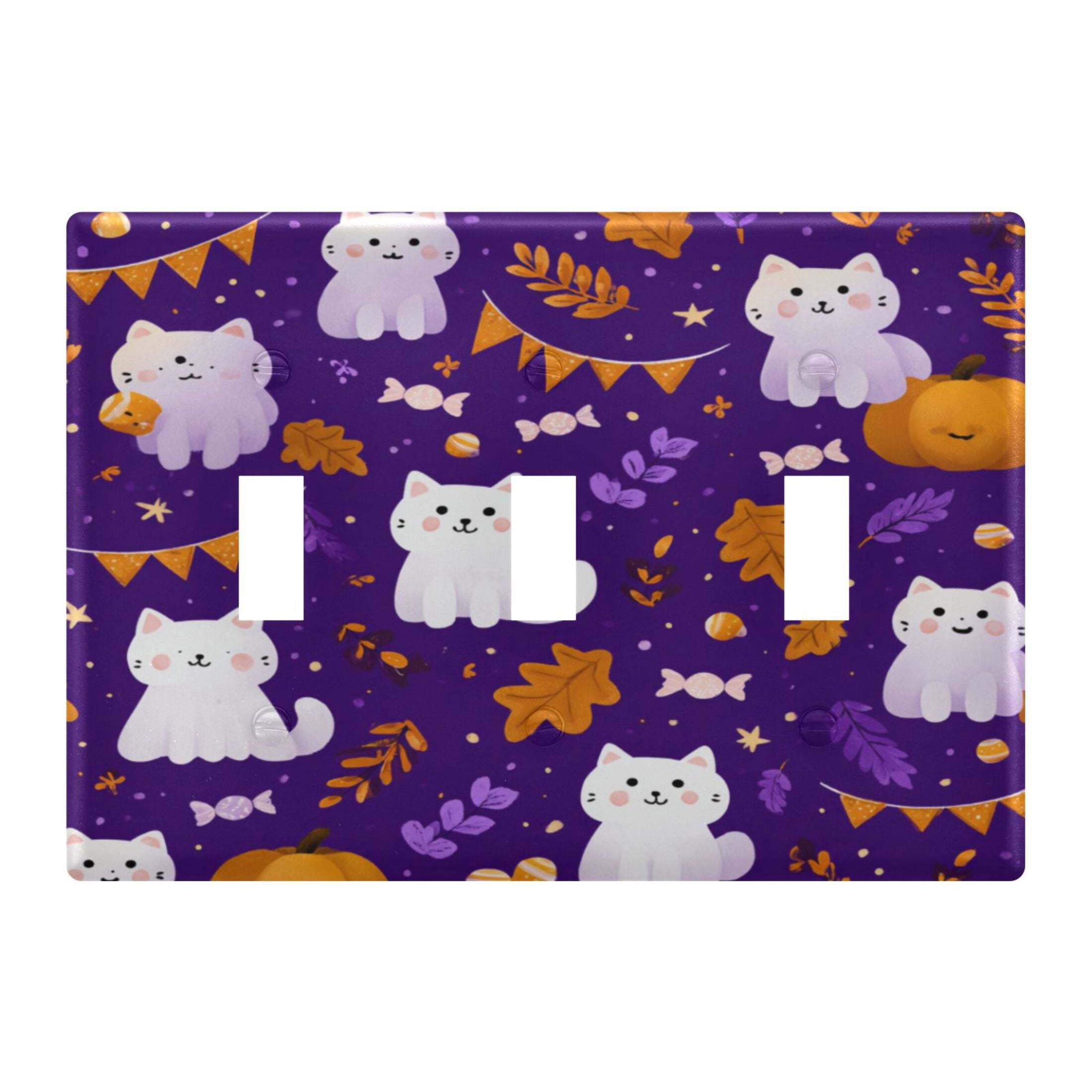 Cute Cat Specter Leaves Pumpkins Candy Halloween Light Switch Cover ...