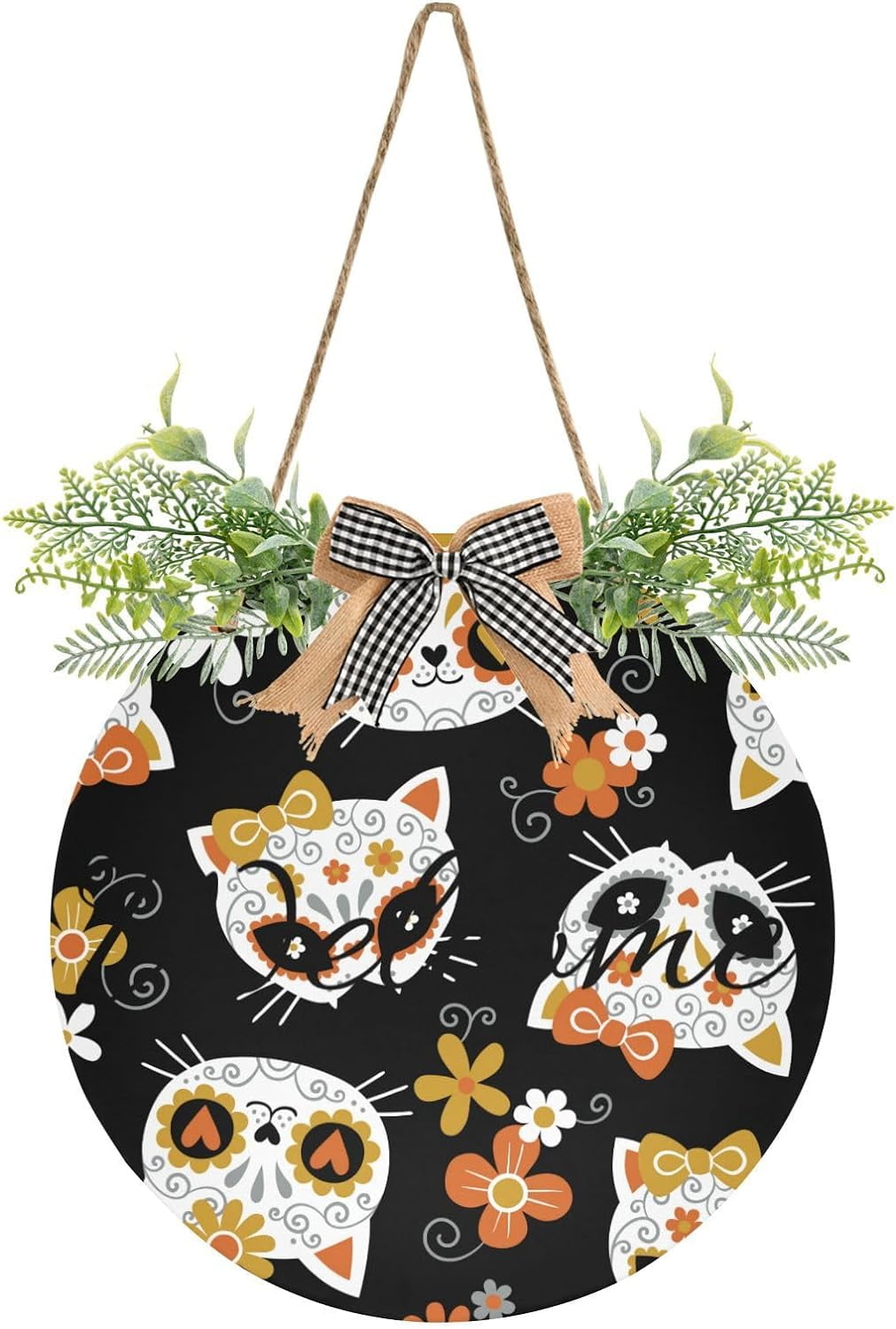 Cute Cat Sugar Skulls and Flowers Welcome Sign Front Door Round Wall ...