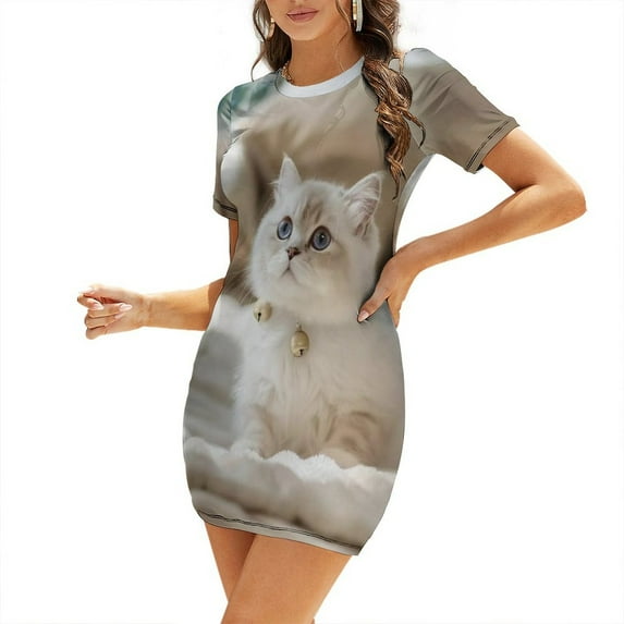 Cute Cat Sweet Elegant Short Sleeves Dress Women Korean Kawaii Dress ...