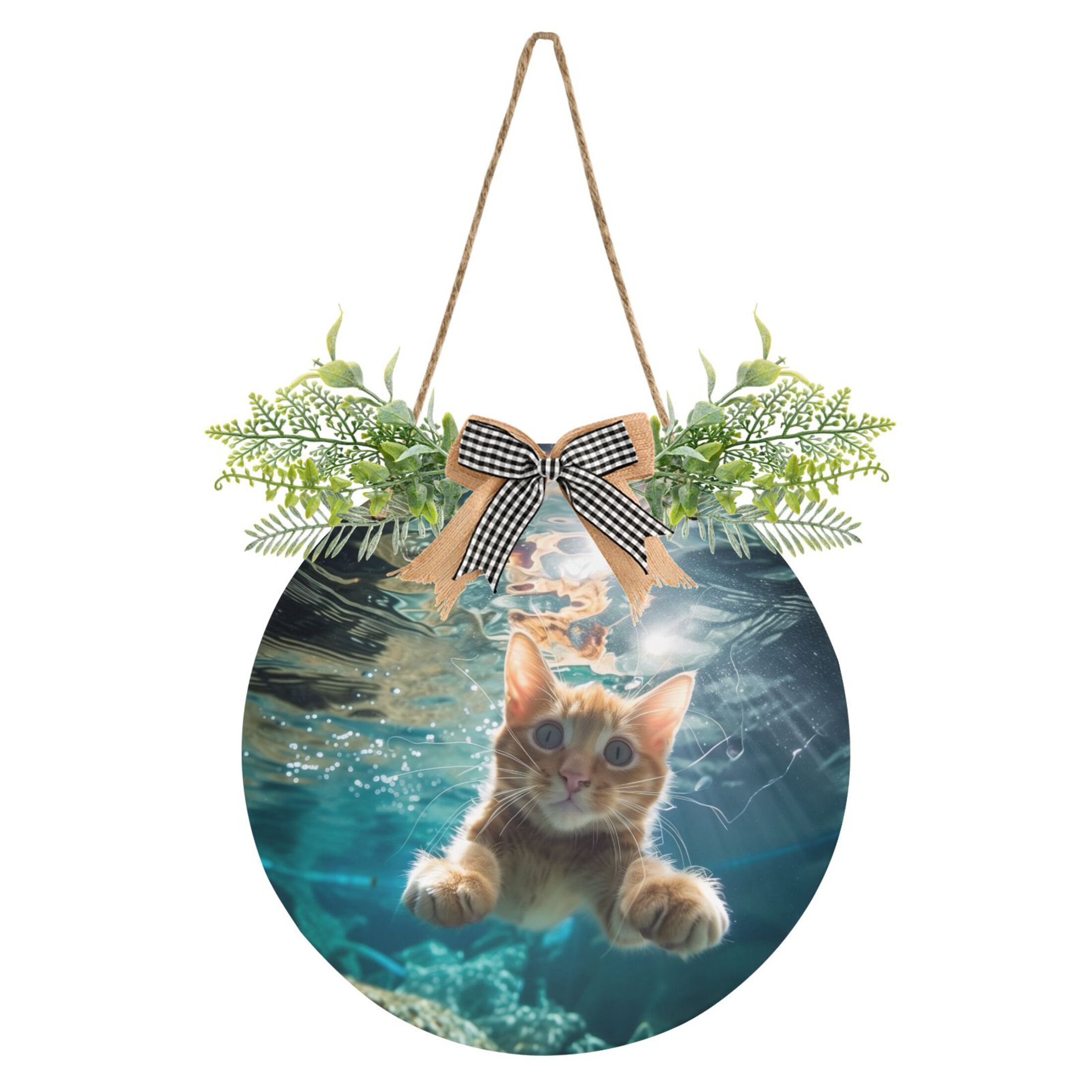 Cute Cat Swimming Underwater Welcome Front Door Sign Round 12 inch ...