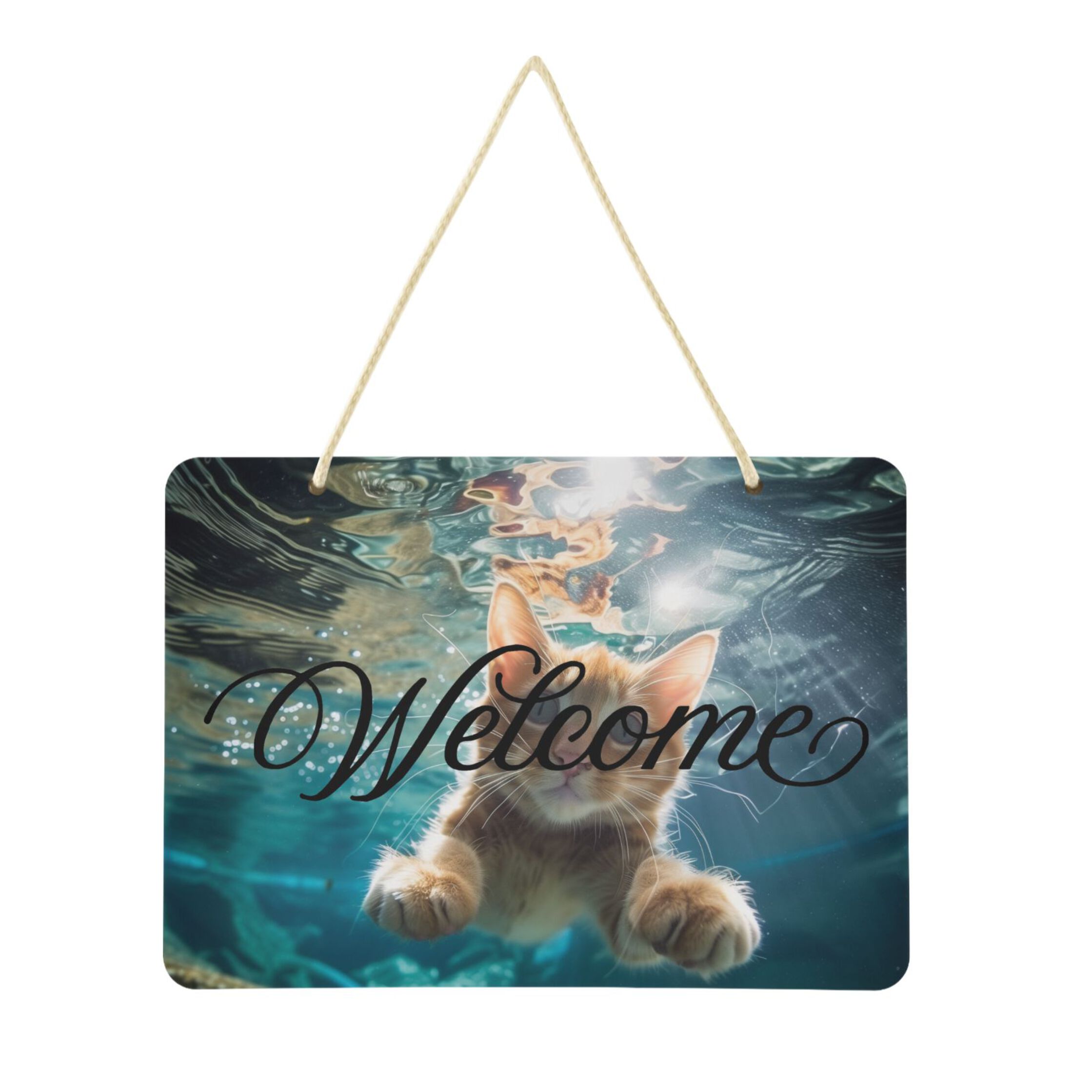 Cute Cat Swimming Underwater Welcome Sign Front Door PVC 14x10 inch ...