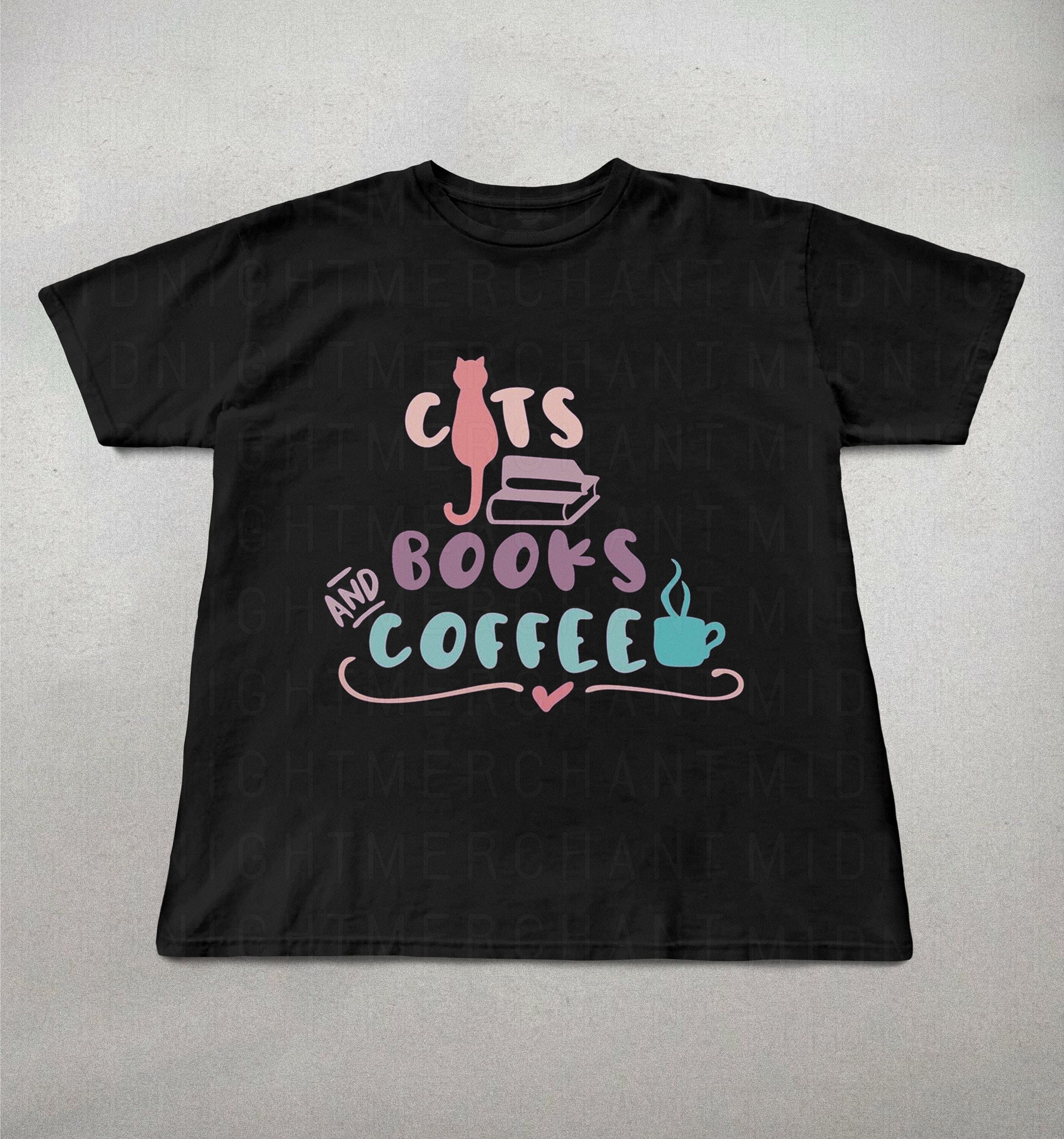 Cute Cat T-Shirt, Cat Graphic tee, Cats books and coffee tee, Cute ...