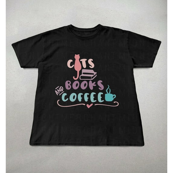 Cute Cat T-Shirt, Cat Graphic tee, Cats books and coffee tee, Cute ...