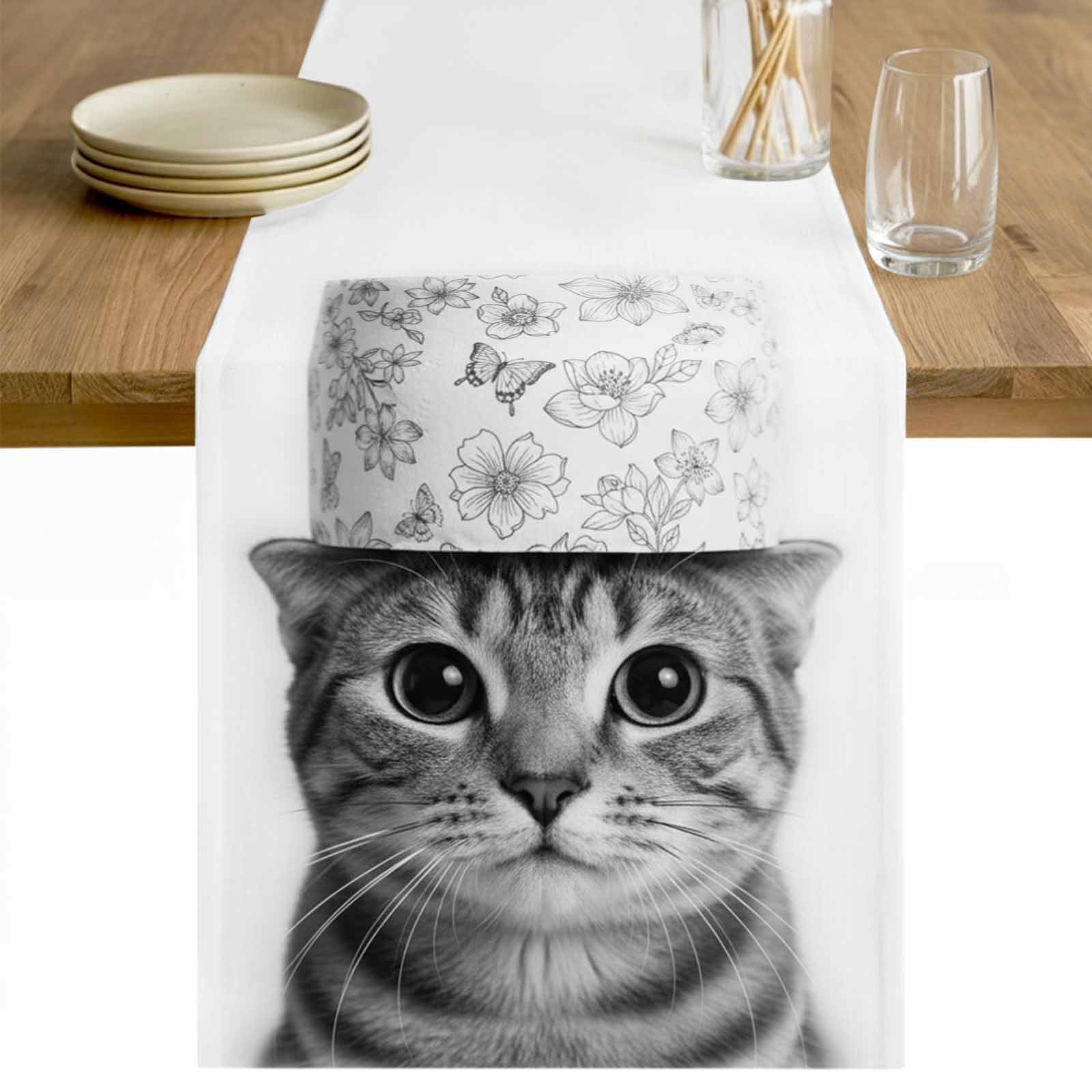Cute Cat Table Runner - 72 Inch Long Funny Animal Toilet Paper Abstract ...
