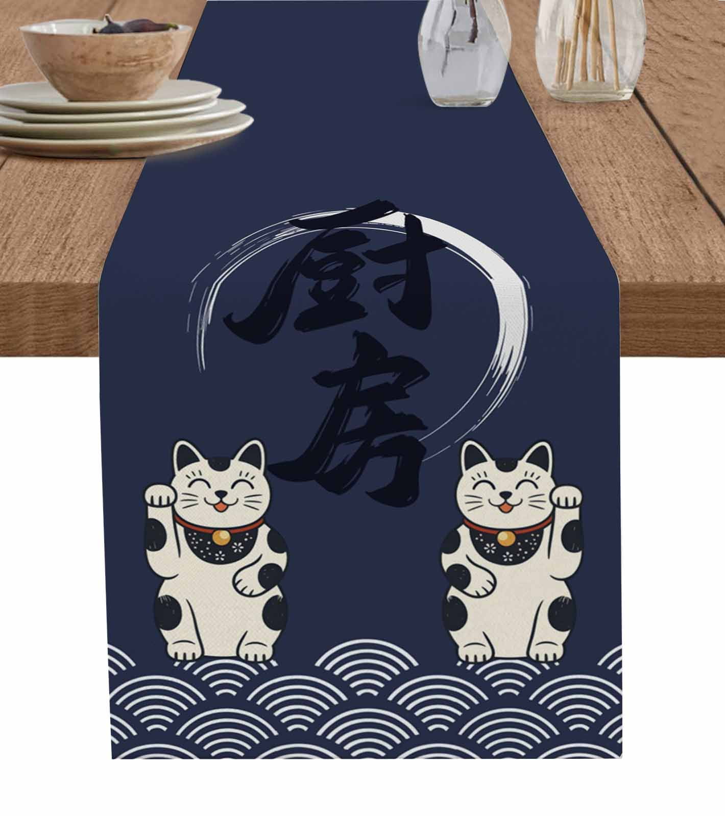 Cute Cat Table Runner 72 Inches, Navy Blue Japanese Style Animals Wave ...