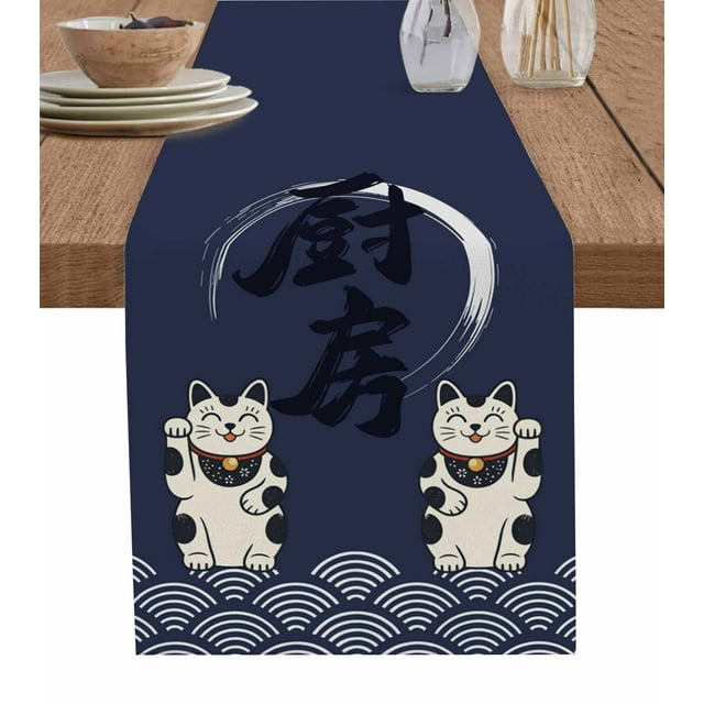 Cute Cat Table Runner 90 Inches, Navy Blue Japanese Style Animals Wave ...