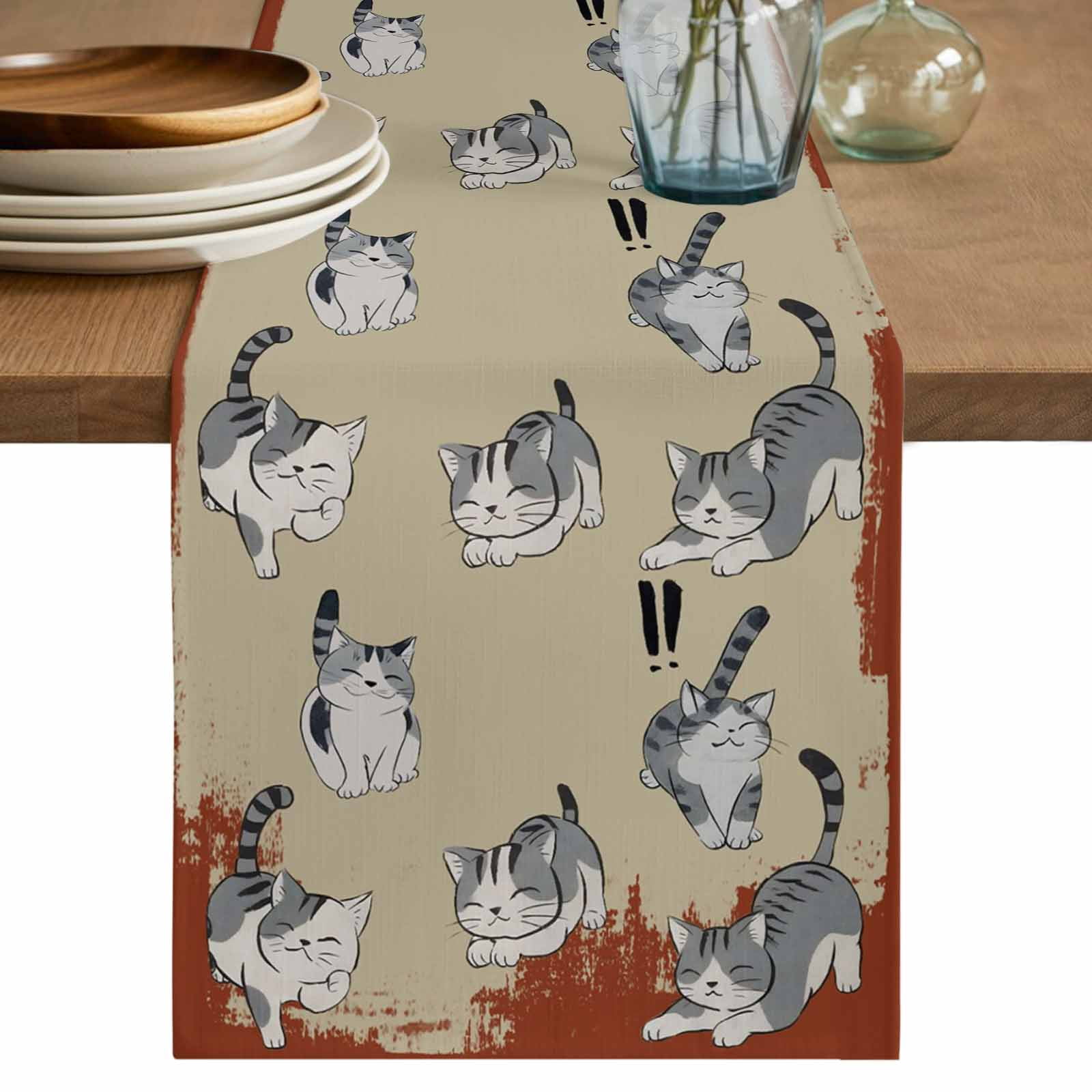 Cute Cat Table Runner, Burnt Orange Beige Vintage Animal Washable ...