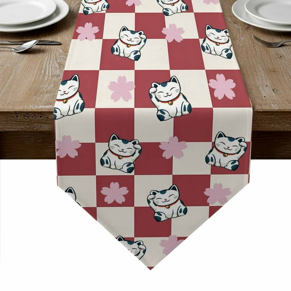 Cute Cat Table Runner Linen Burlap Table Runner 36 Inches Small Red ...