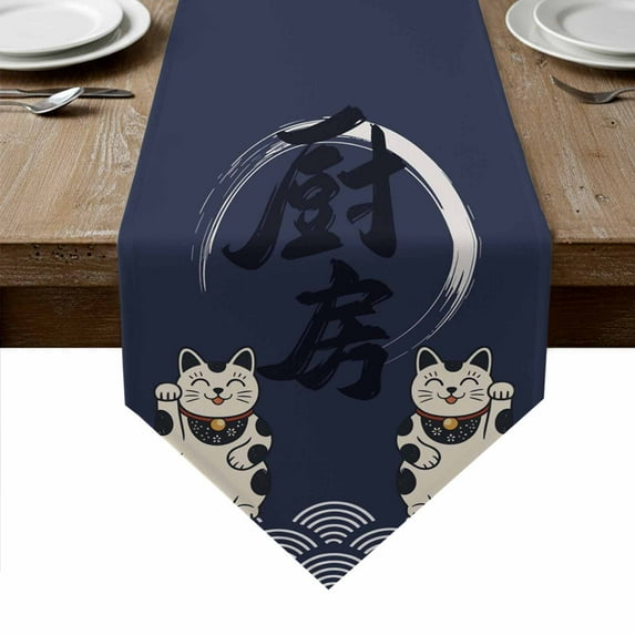Cute Cat Table Runner Linen Burlap Table Runner 48 Inches Long Navy ...