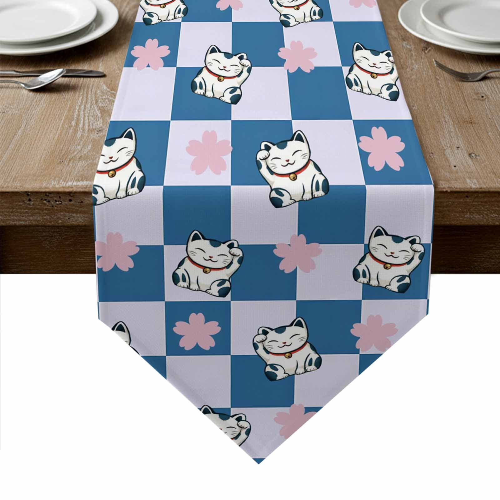 Cute Cat Table Runner Linen Burlap Table Runner 72 Inches Long Blue ...