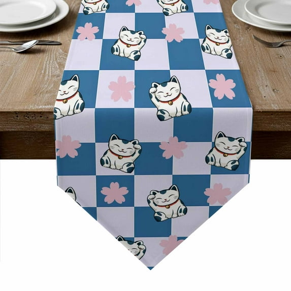 Cute Cat Table Runner Linen Burlap Table Runner 72 Inches Long Blue ...