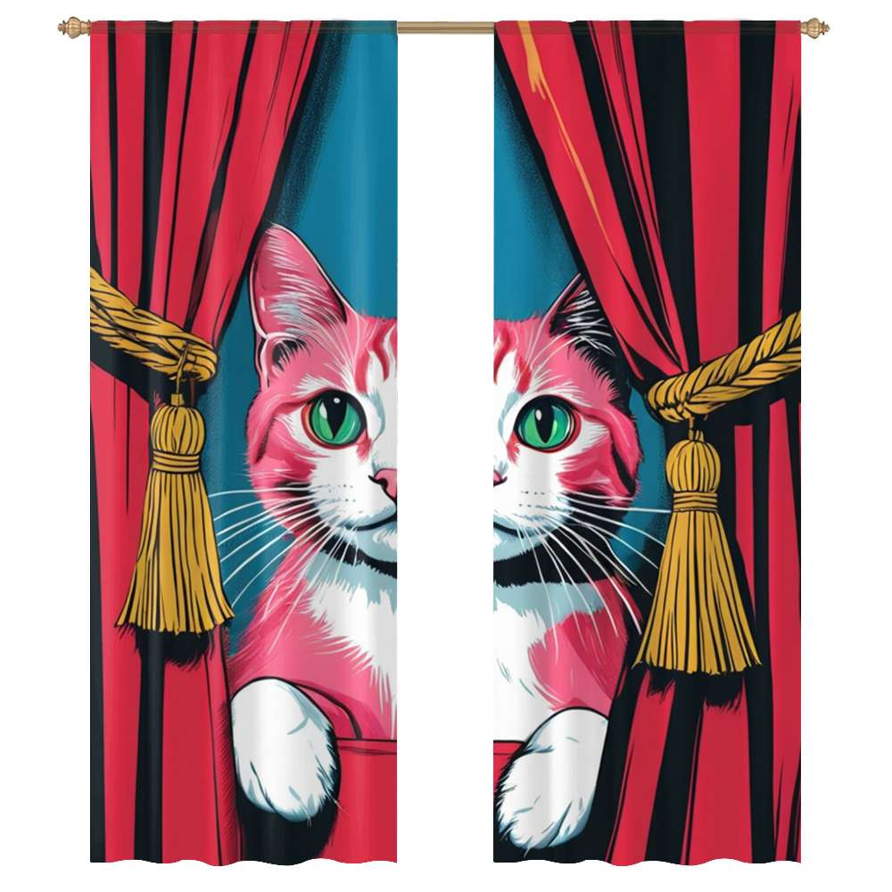 Cute Cat Theater Curtain Sheer Window Curtains for Living Room Kitchen ...