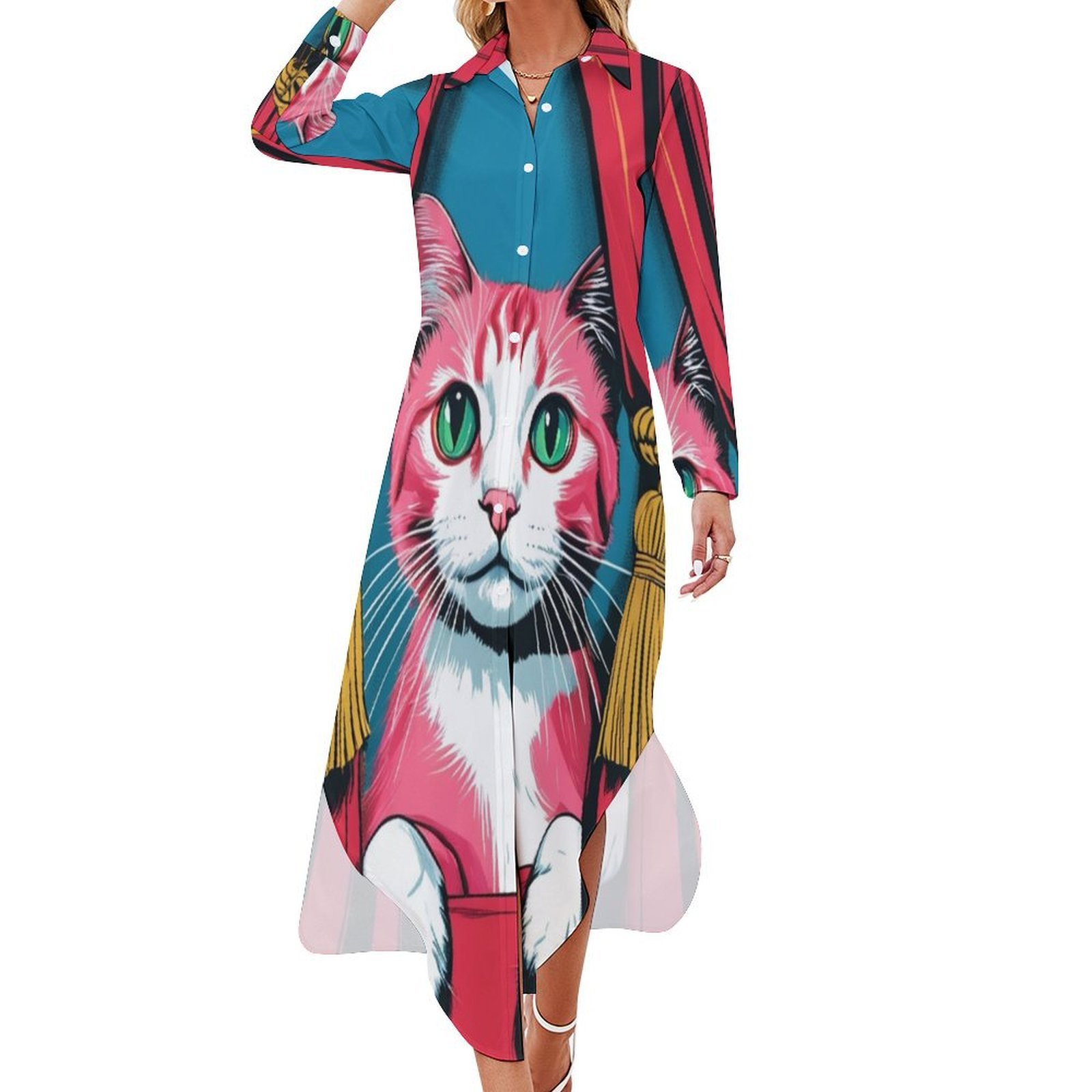 Cute Cat Theater Curtain Shirt Dress Long Sleeve Street Fashion V Neck ...