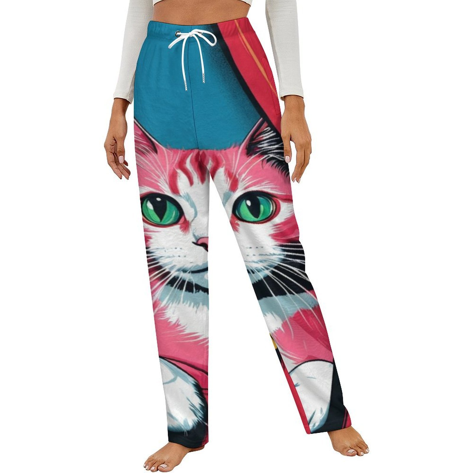 Cute Cat Theater Curtain Winter Female Pants Flannel High Waist Women ...