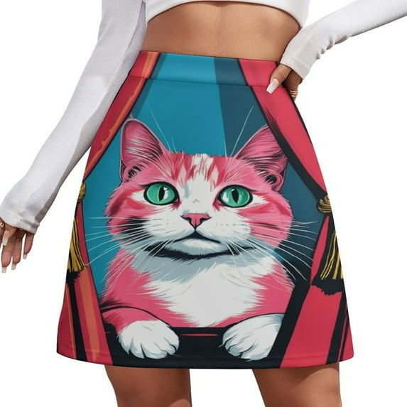 Cute Cat Theater Curtain Women's High Waist Skirt Stretchy Casual Mini ...