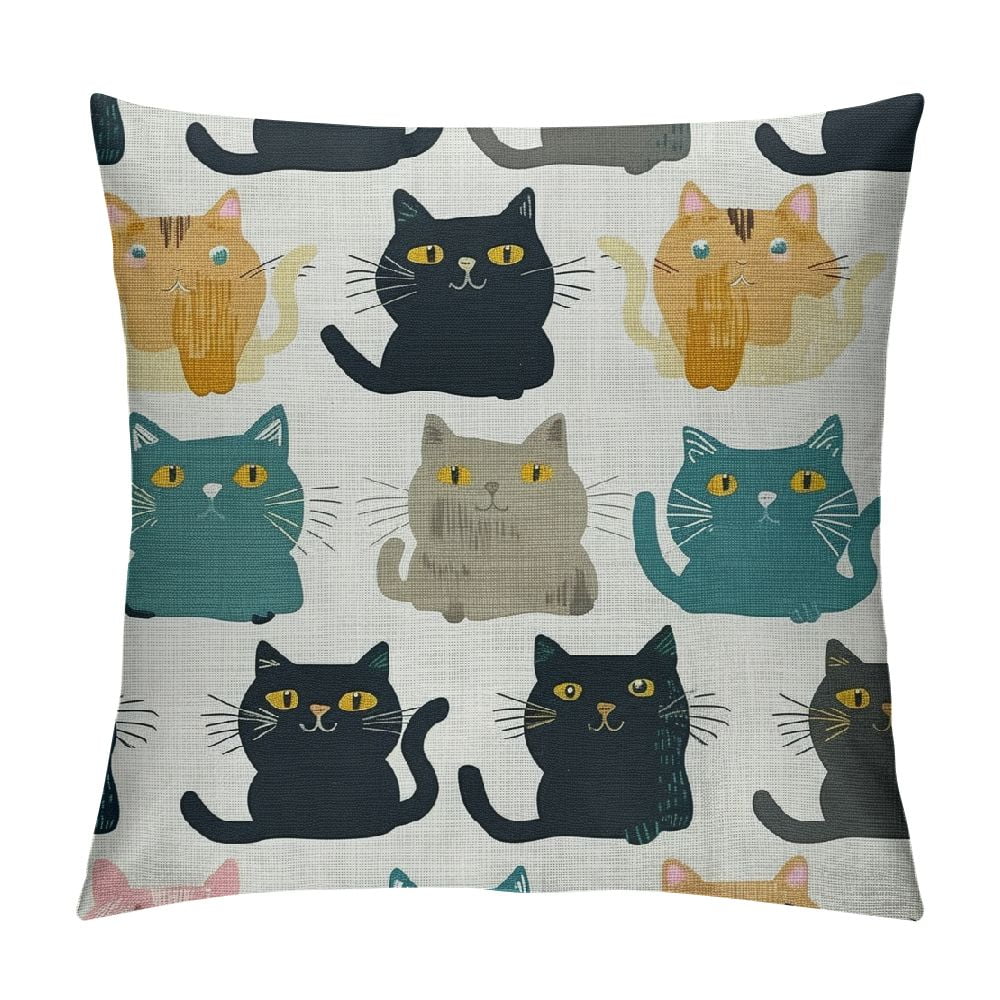 Cute Cat Throw Pillow Cover Colorful Cartoon Happy Kitty Cat Kitten ...