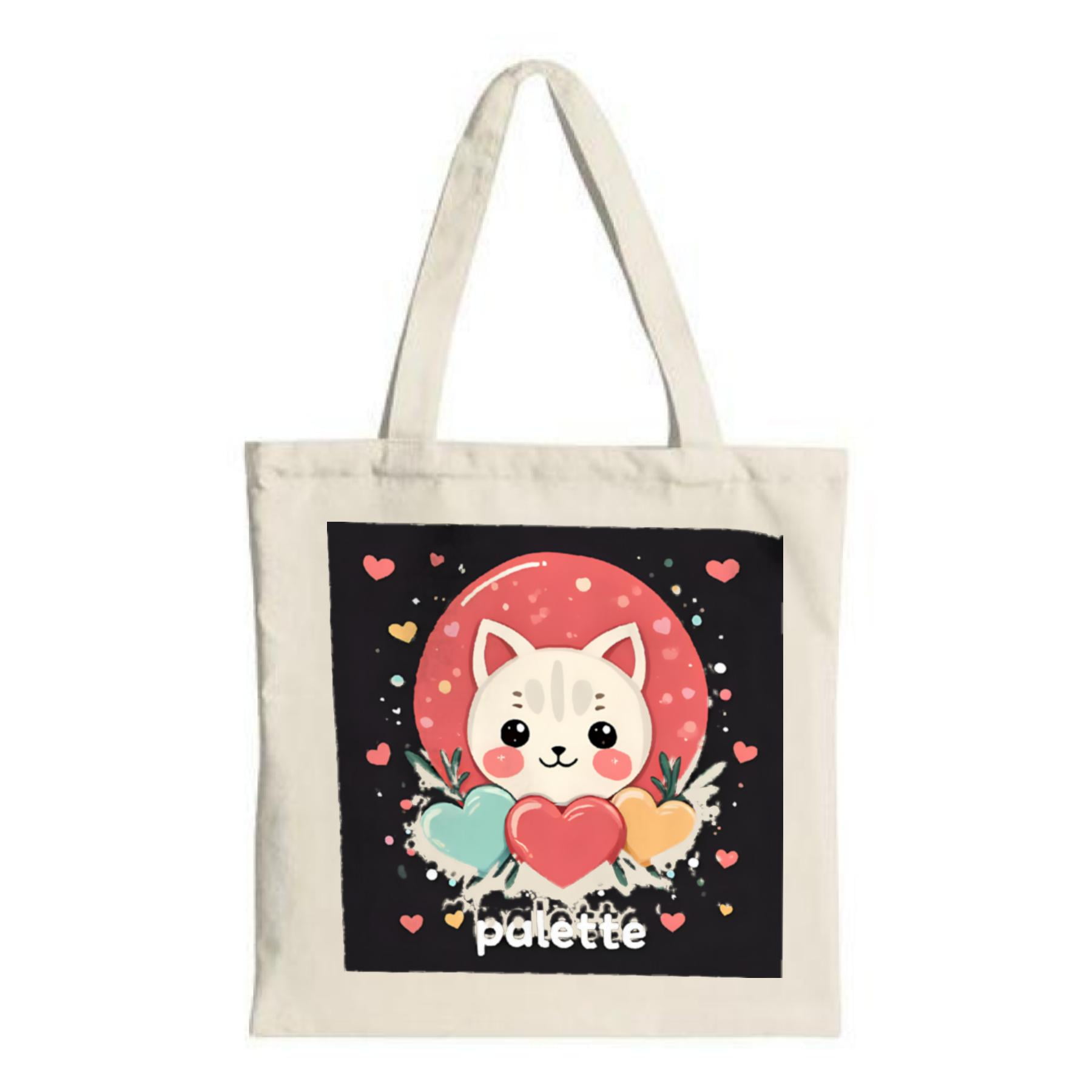 Cute Cat Tote Bag with Colorful Hearts - Canvas Multifunctional ...
