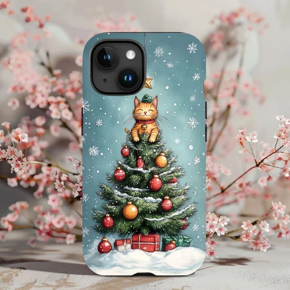 Cute Cat Tree Winter Holiday Art iPhone Case 17 through 11 Pro Max ...