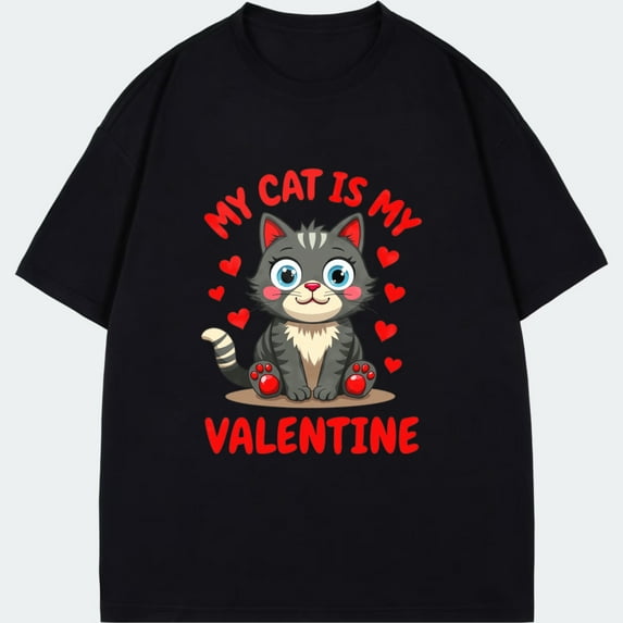 Cute Cat Valentine T-Shirt Black My Cat Is My Valentine With Hearts And ...