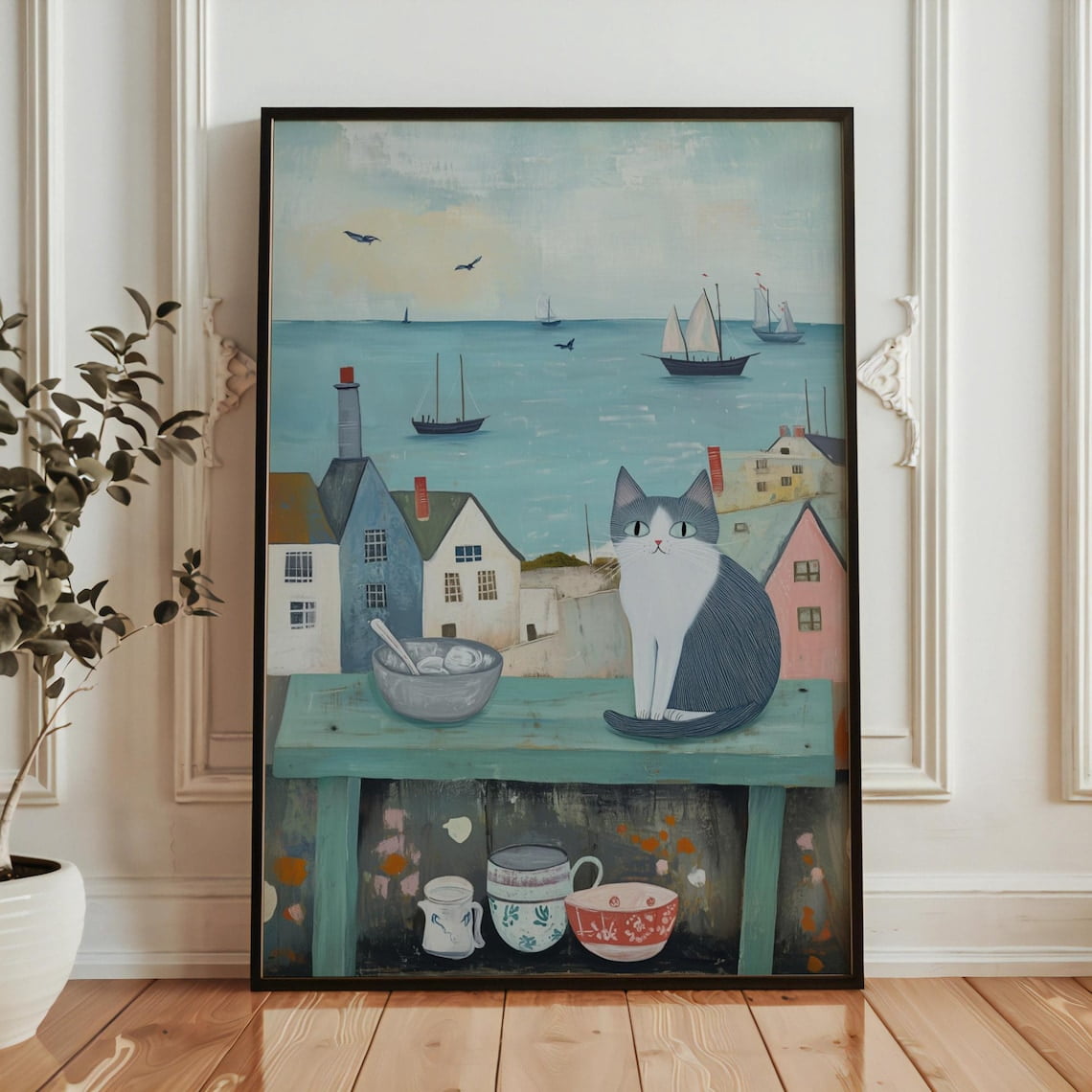 Cute Cat Wall Art Whimsical Coastal Summer Decor, Unframed Paper Print ...