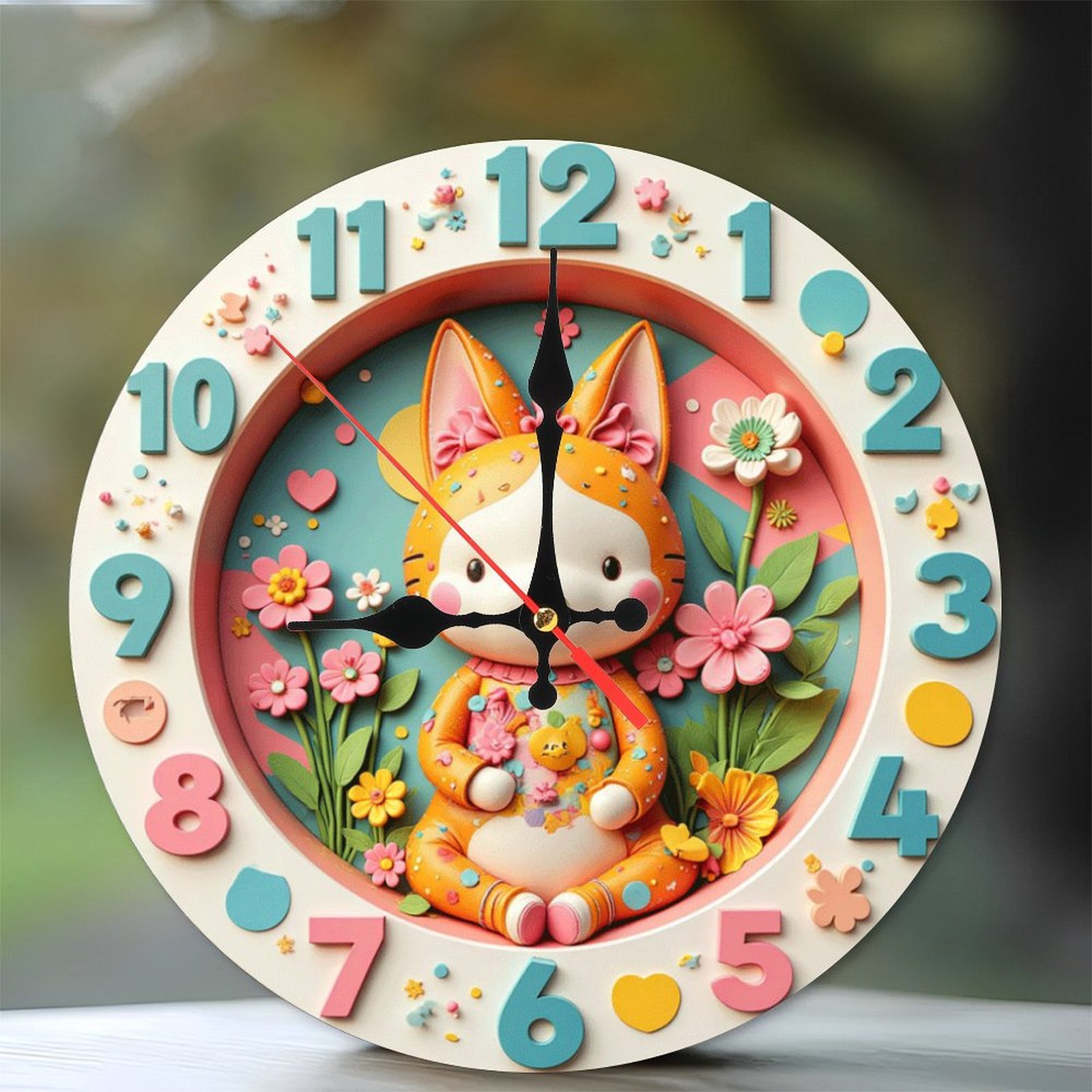 Cute Cat Wall Clock Decor with Flowers 10-Inch Silent Wooden Wall Clock ...