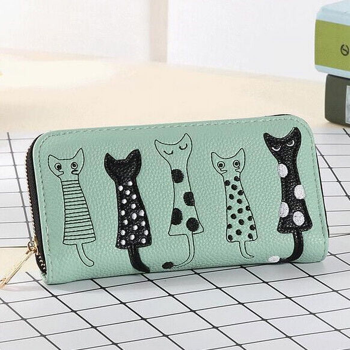 Cute Cat Wallets for Womens Leather Zip Zround Wallet Card Organizer ...