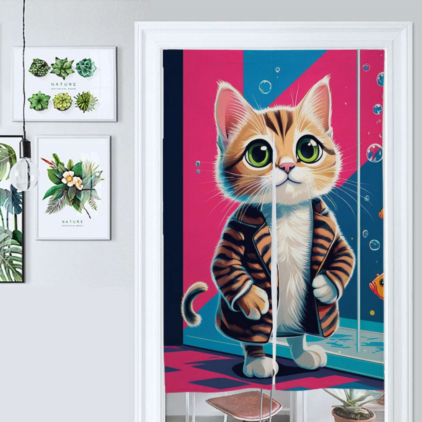 Cute Cat Watching Fish Door Curtain Nordic Living Room DoorCurtain ...