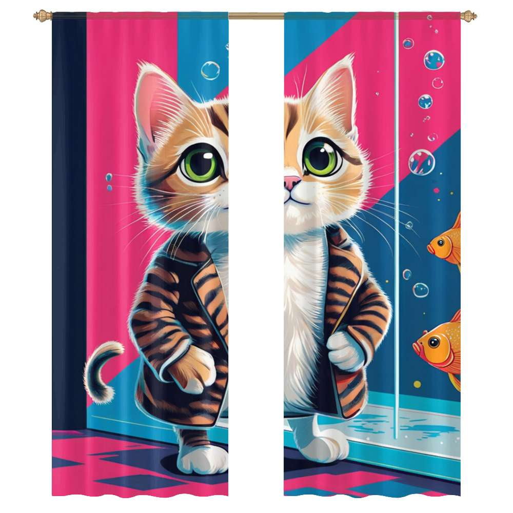 Cute Cat Watching Fish Sheer Voile Curtain Window Tulle Curtains For ...