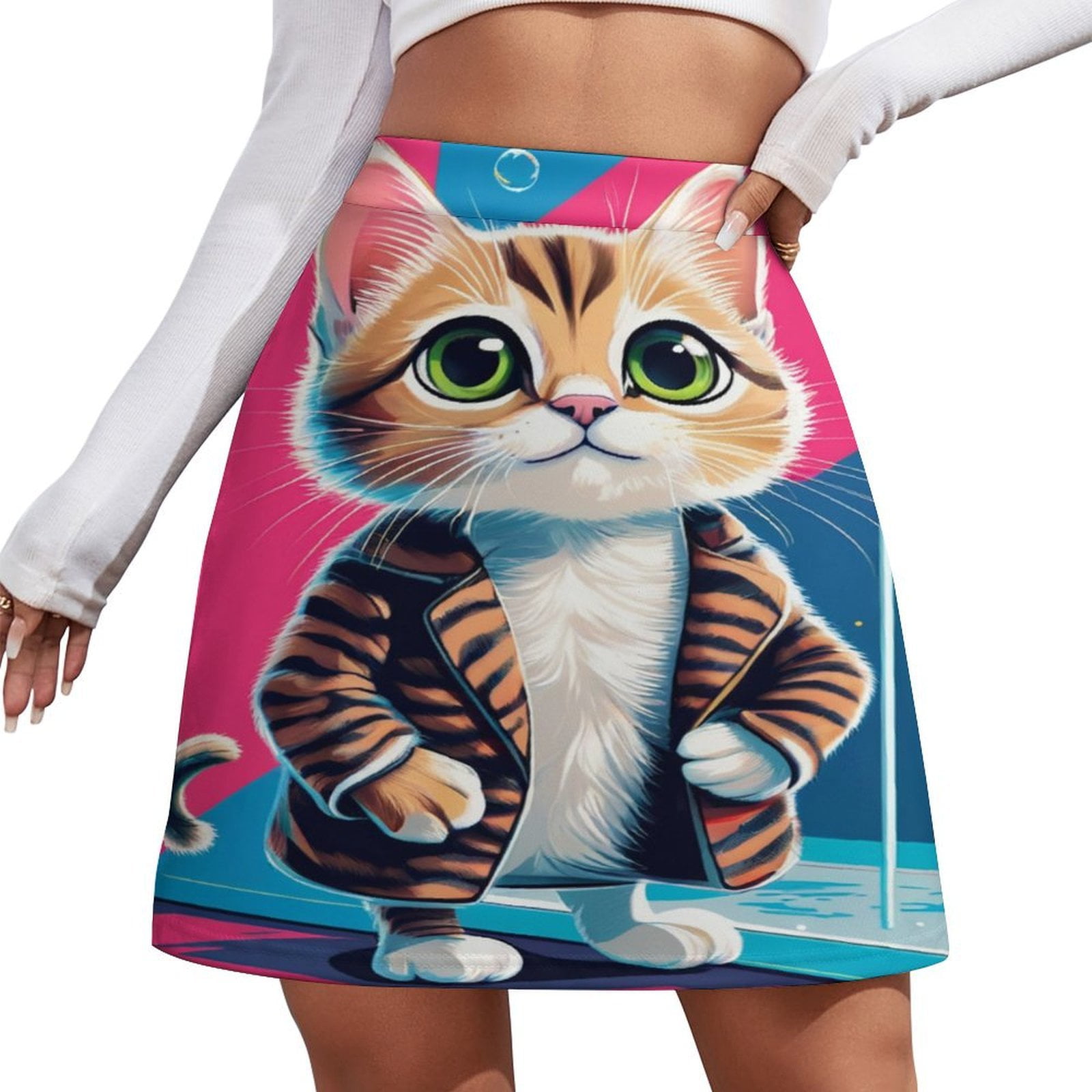 Cute Cat Watching Fish Women's High Waist Skirt Stretchy Casual Mini ...