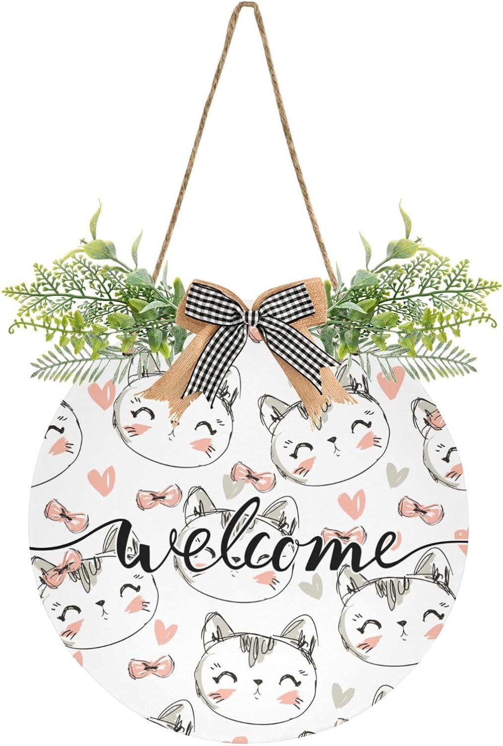 Cute Cat Welcome Sign Farmhouse Front Porch Door Hanging Welcome Wreath ...