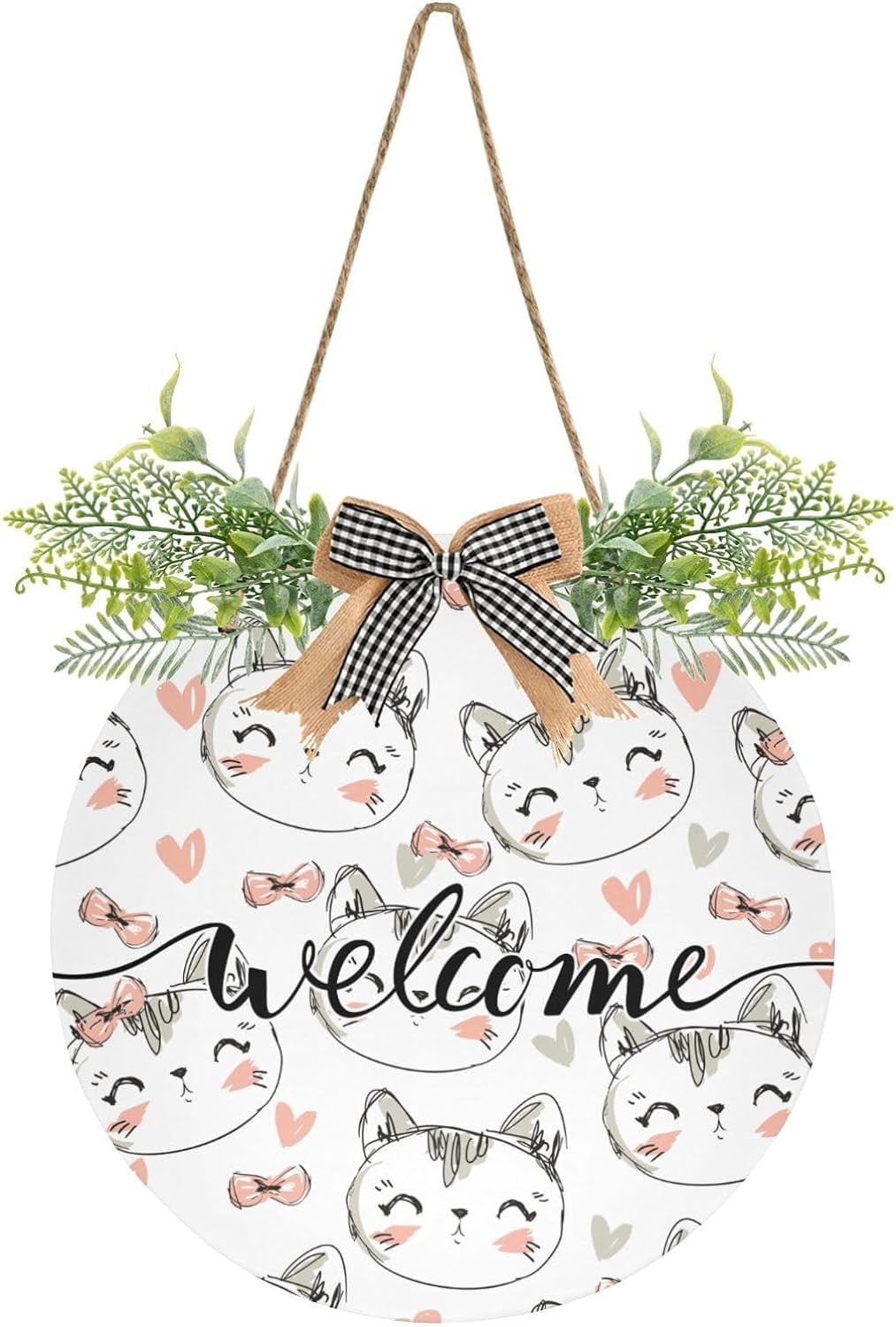 Cute Cat Welcome Sign Farmhouse Front Porch Door Hanging Welcome Wreath ...