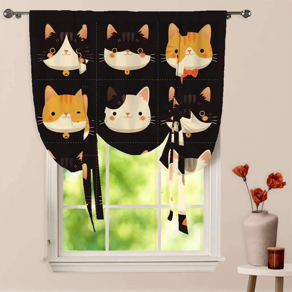 Cute Cat Window Curtain for Living Room Roman Curtain Kitchen Tie-up ...