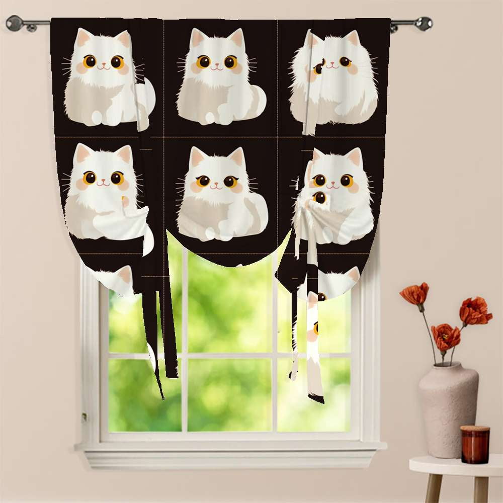 Cute Cat Window Curtain for Living Room Roman Curtain Kitchen Tie-up ...