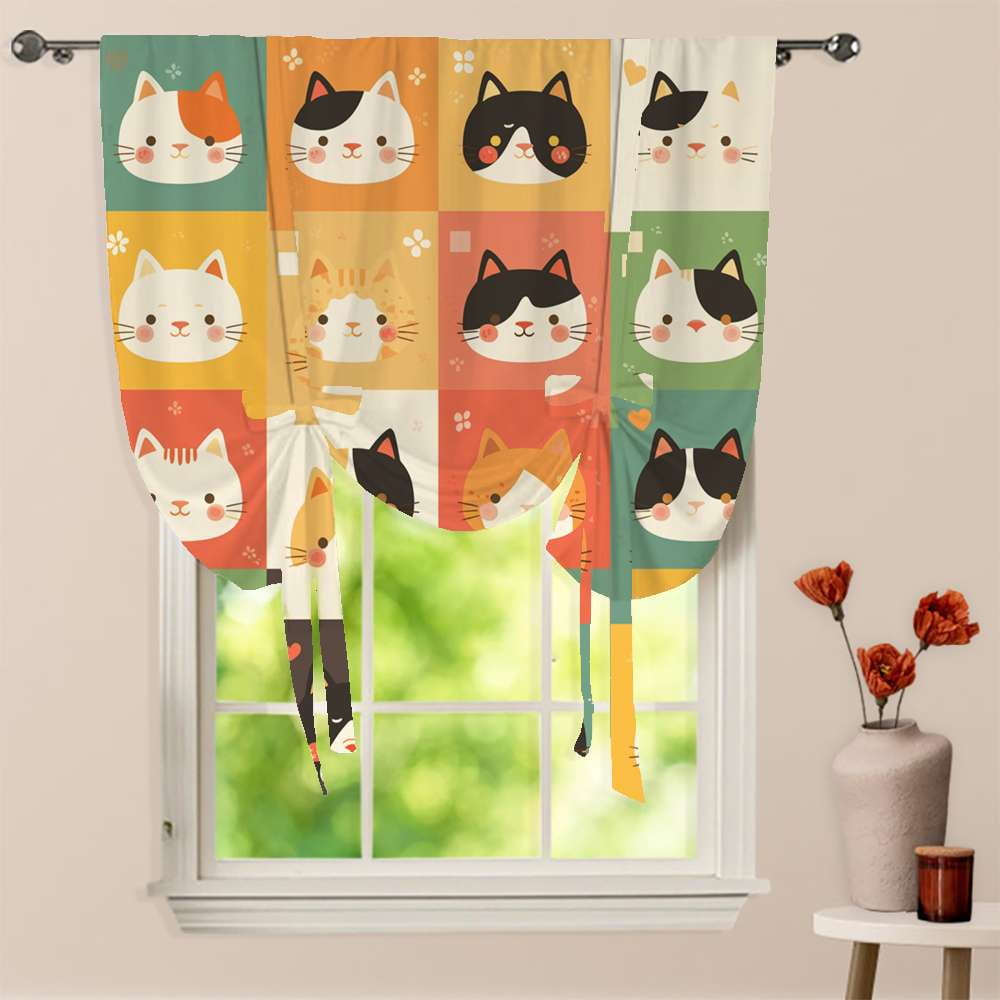 Cute Cat Window Curtain for Living Room Roman Curtain Kitchen Tie-up ...