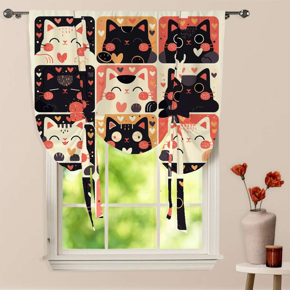 Cute Cat Window Curtain for Living Room Roman Curtain Kitchen Tie-up ...
