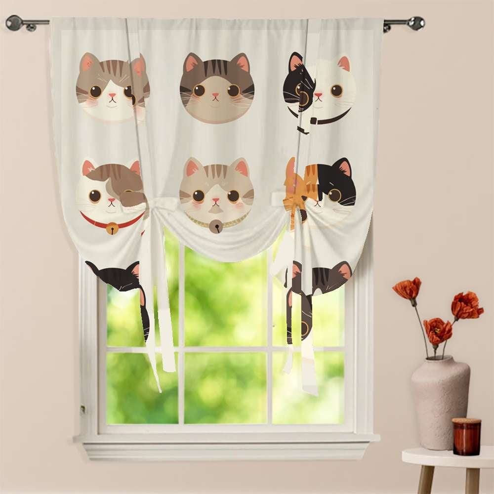 Cute Cat Window Curtain for Living Room Roman Curtain Kitchen Tie-up ...