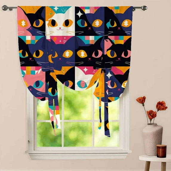 Cute Cat Window Curtain for Living Room Roman Curtain Kitchen Tie-up ...