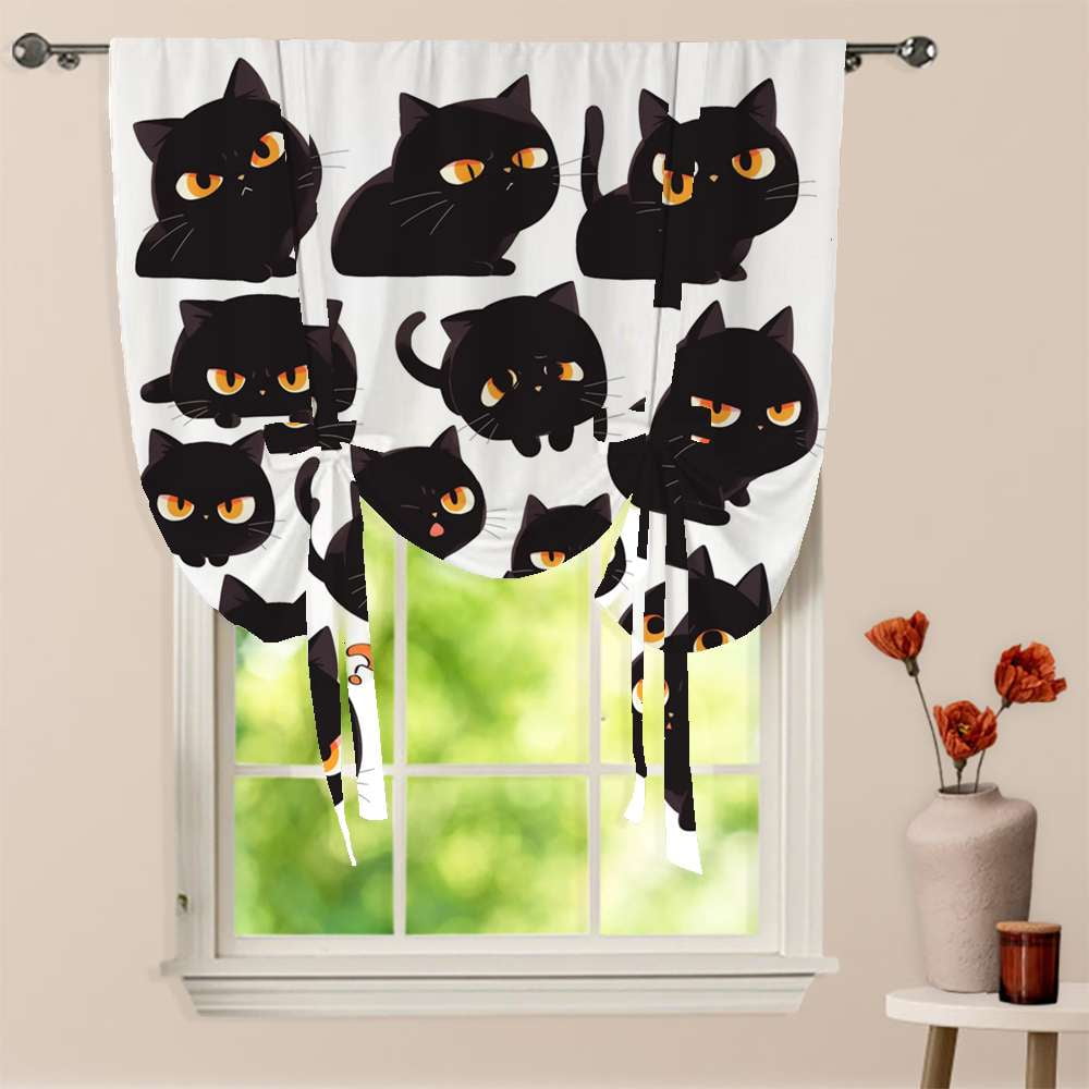 Cute Cat Window Curtain for Living Room Roman Curtain Kitchen Tie-up ...