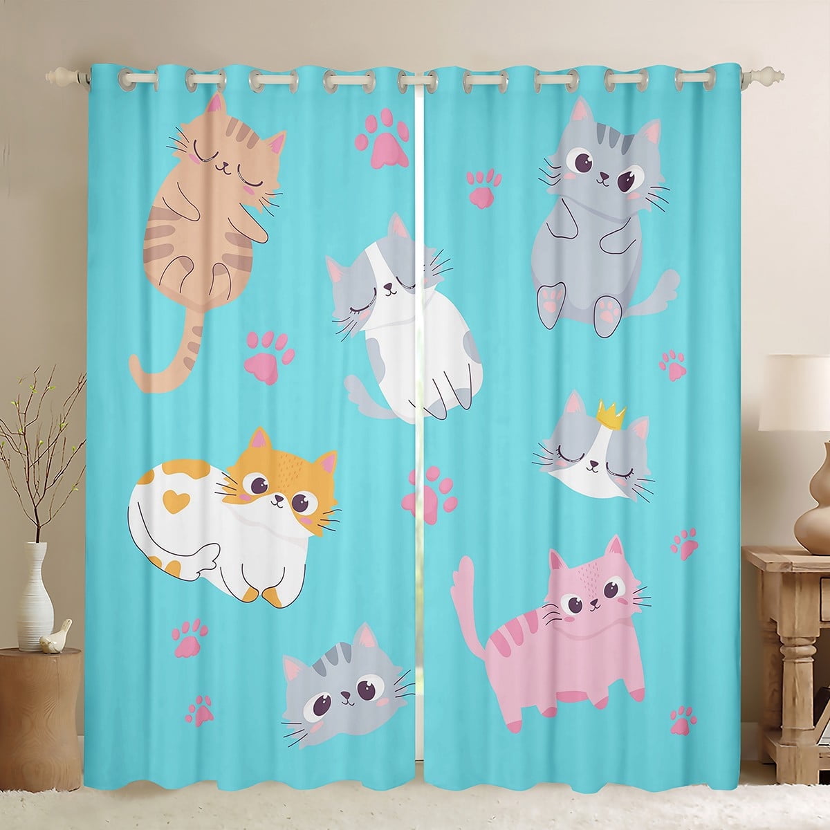 Cute Cat Window Curtains Kawaii Animal 52"Wx84"L Blackout Curtains ...