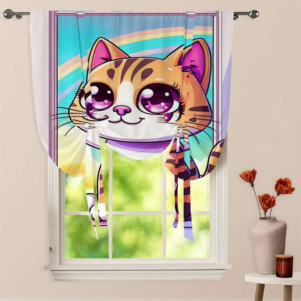 Cute Cat Window View Window Curtain for Living Room Roman Curtain ...