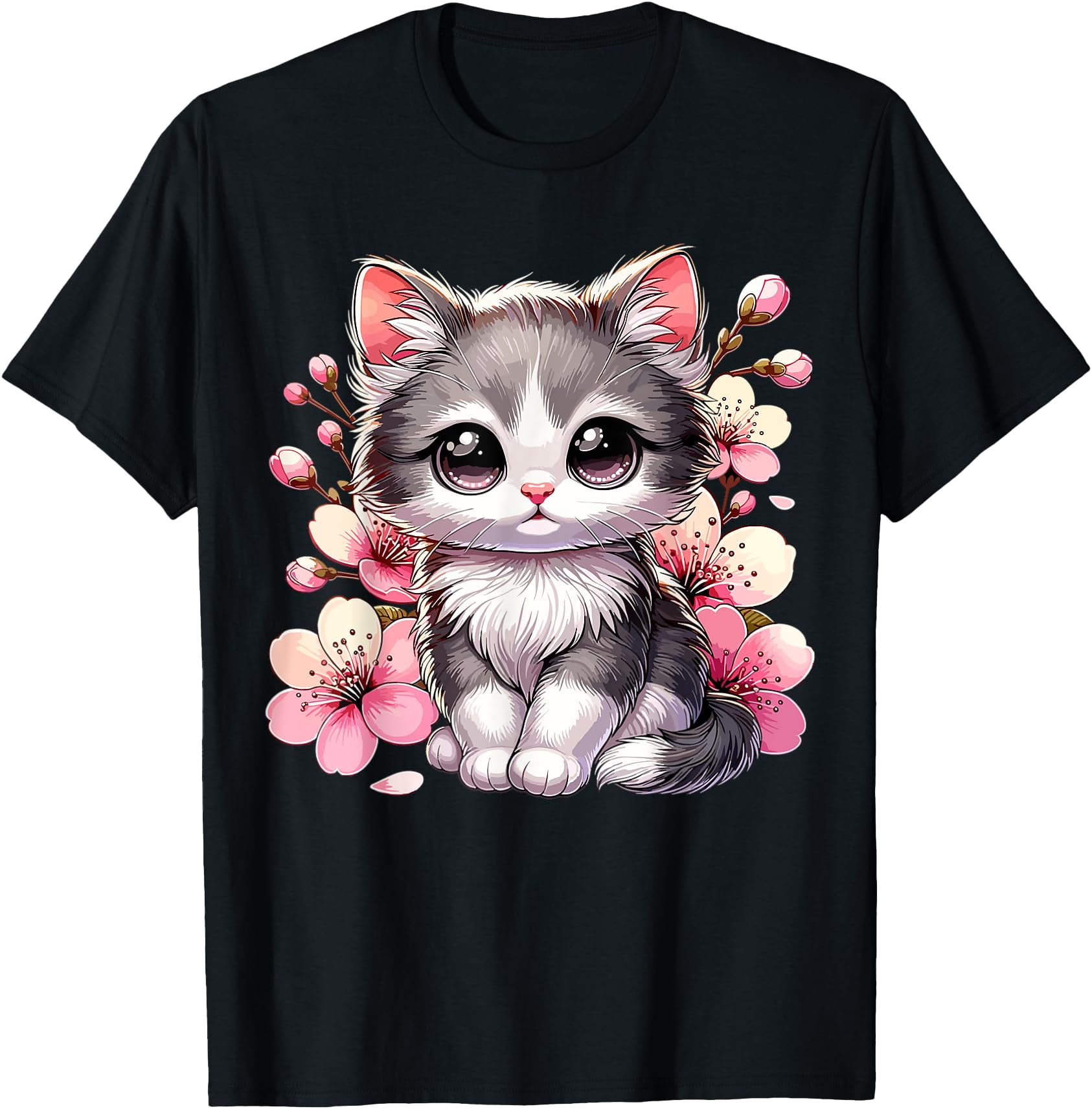 Cute Cat With Cherry Blossoms Kitten Unisex T-Shirt for Men Women Kids ...