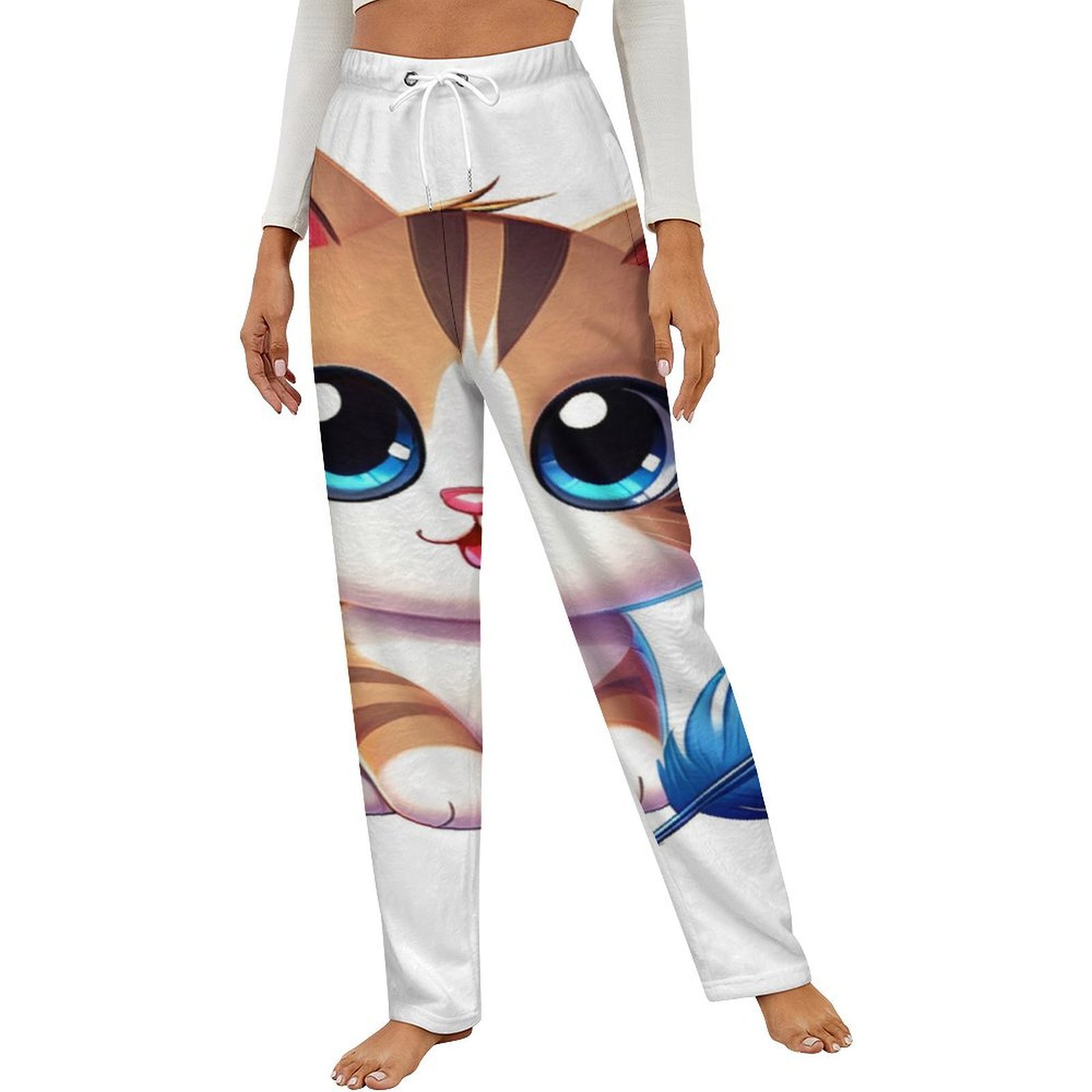 Cute Cat With Feather Winter Female Pants Flannel High Waist Women ...